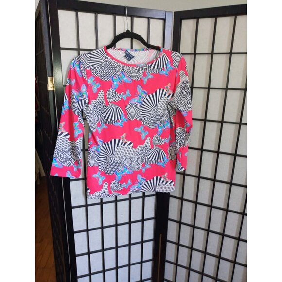 Melly M | Tops | Melly M Pink Black White Blue Butterfly Print Shirt Sz ...